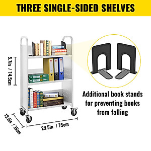 VEVOR Book Cart, 200lbs Library Cart, 30x14x49 Inch Rolling Book Cart Single Sided L-Shaped Flat Shelves with 4 Inch Lockable Wheels, for Home Shelves Office and School Book Truck in White