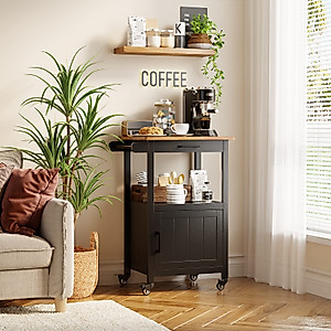 Qsun Kitchen Island Cart on Wheels with Drawer, Storage Cabinet, Shelf and Side Hook, Rolling Kitchen Cart with Rubber Wood Countertop, Microwaves Stand for Small Space, Black