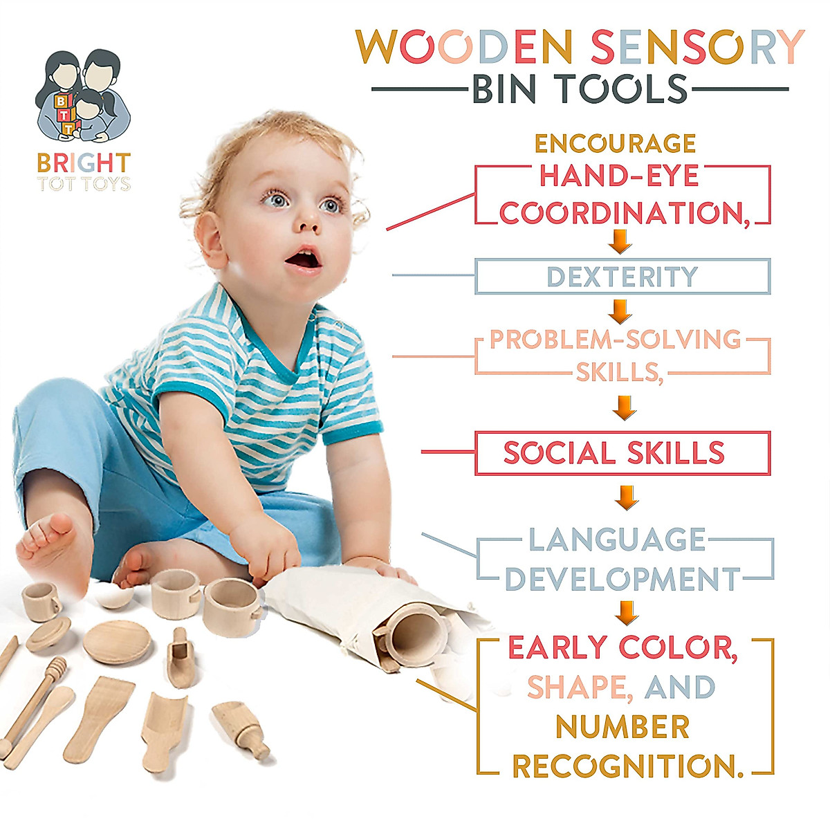 Sensory Bin Tools with Wooden Box, Montessori Toys for Toddlers & Kids, Set of 12 Wood Waldorf Toys for Transfer Work, Sensory Learning & Motor Skill Development