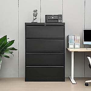 LVSTEEL Lateral File Cabinet with Lock,4 Drawer Stainless Metal Lateral Filing Cabinets, Home Office Storage Cabinets for Organization, Hanging Letter/Legal/A4,Anti-tilt Structure, Black