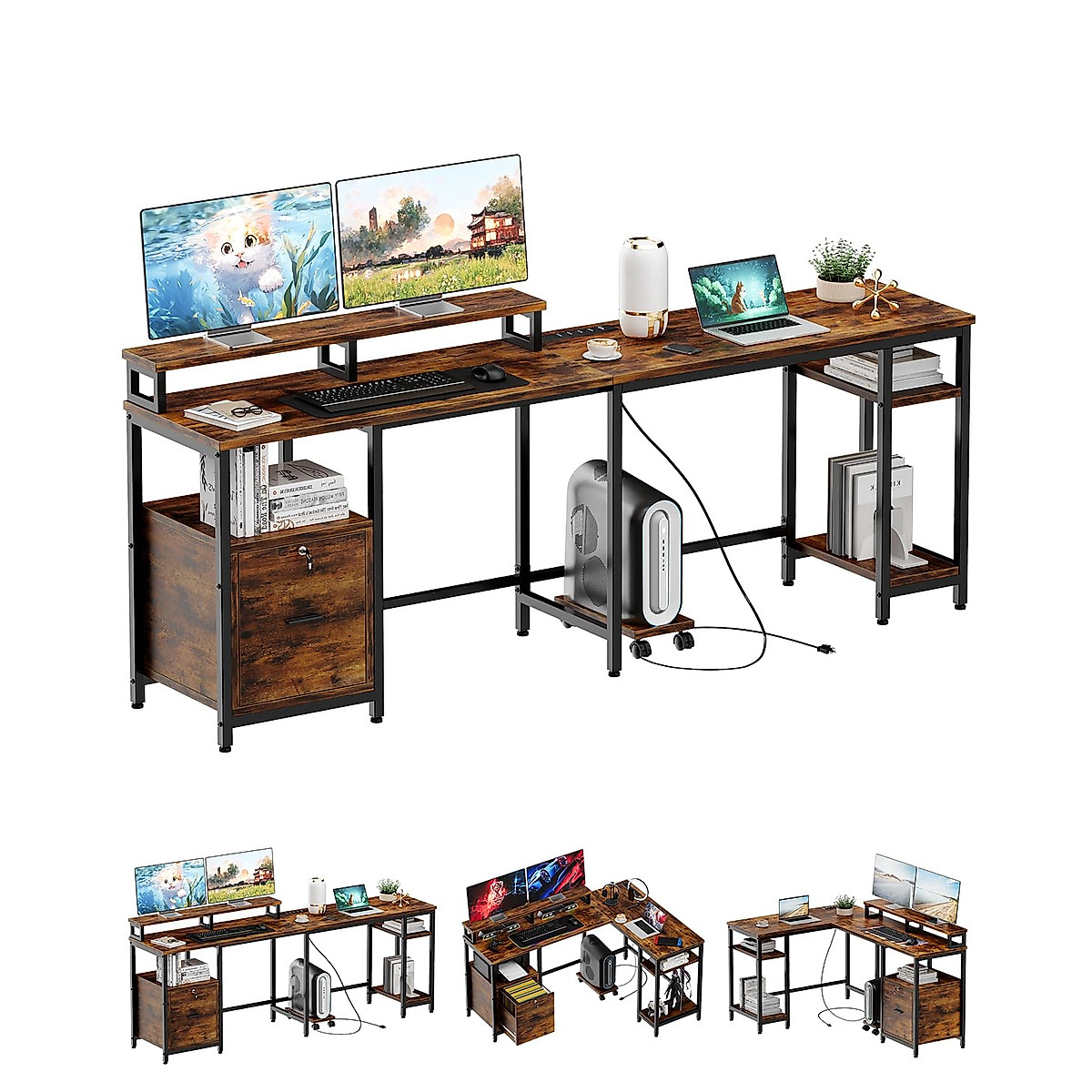 L Shaped Office Desk, 67" Home Office Desk with File Drawer & Power Outlet, Gaming Desk with Mobile CPU Stand, Corner Computer Desk with Monitor Shelf, Printer Storage Shelves, Two Person Desk, Brown
