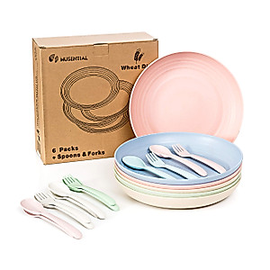 MUSENTIAL 10" Inch Wheat Straw Deep Dish Set (6 Dinner Dishes / Spoons & Forks ) - Dishwasher & Microwave Safe - Unbreakable Reusable Lightweight Eco Friendly & BPA Free Dinnerware
