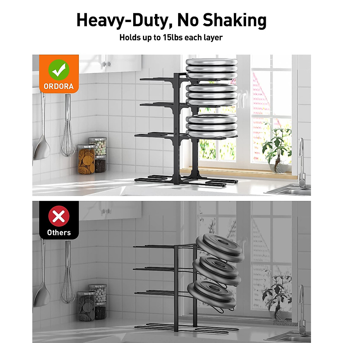 ORDORA Pots and Pans Organizer for Cabinet, 8 Tier Pot Rack with 3 DIY Methods Pots and Pans Organizer: under Cabinet, 21" Height