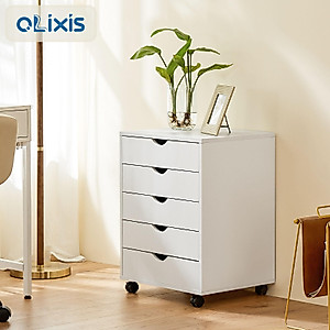 OLIXIS 5 Drawer Chest Wood File Cabinet Rolling Storage Dresser with Wheels for Home Office, White