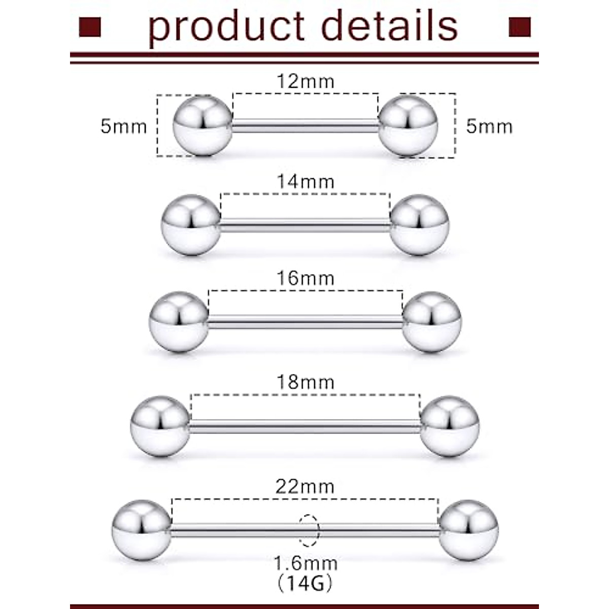 Prjndjw 14G Surgical Steel Nipple Rings Tongue Rings Cartilage Earring Straight Barbell Body Piercing Jewelry for Women Men Length 12MM 14MM 16MM 18MM 22MM BarBell Piercings