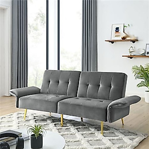 JFUYJK 78" Velvet Futon Sofa Bed, Convertible Sleeper Loveseat Couch with Folded Armrests and Storage Bags for Living Room