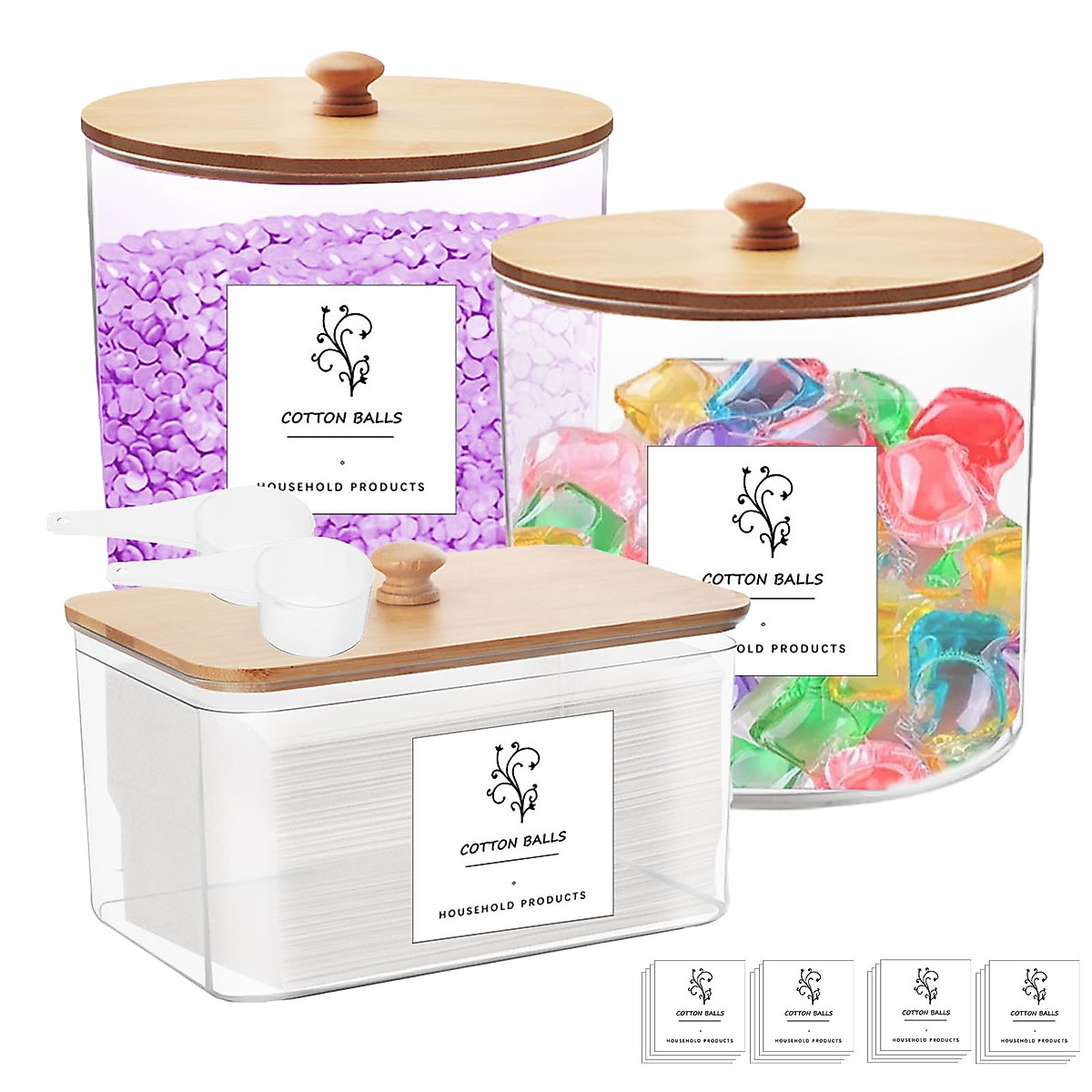 Laundry Storage Containers, 3 Pack Dryer Sheet Holder, Large Capacity Plastic Laundry Pods Container and Storage Jars with Lids, Labels and Spoons, Laundry Detergent Dispenser for Powder Beads