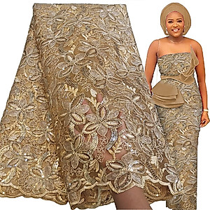 Bestway Lace Floral Sequins Embroidery African Lace Fabric 5 Yards Gold Tulle Fabric Nigerian Wedding Party Dress Material