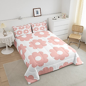 Manfei Girly Pink Bedding Set for Boys Girls, 70s Groovy Daisy Flowers All Season Cozy Comforter Set Full Size, Cute Cartoon Floral Duvet Set Bedroom Décor,Gift for Kids