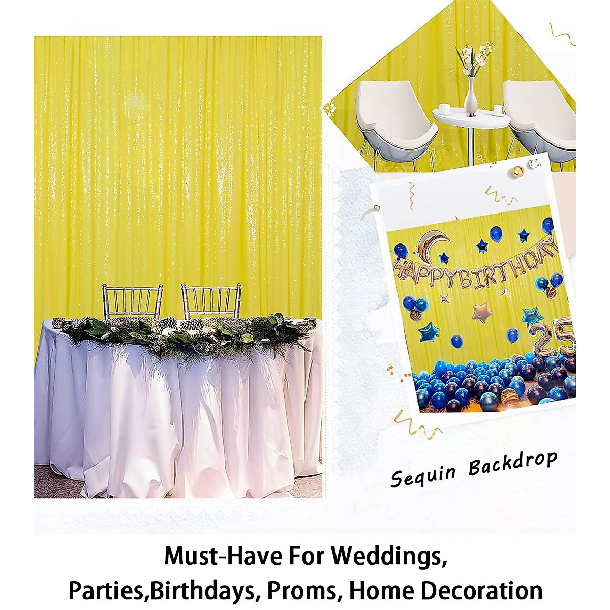 ShinyBeauty Sequin Curtains 2 Panels 2FTx7FT Yellow Sequin Backdrop Curtain Party Photography Background for Wedding Birthday Bridal Baby Shower