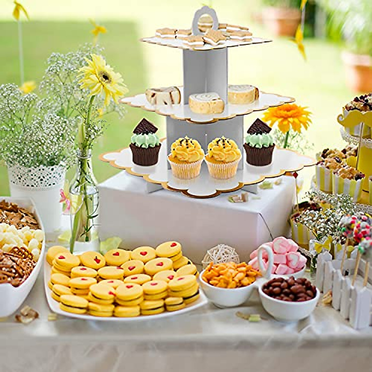 Cupcake Stand,3 Set of Square 3-Tier Dessert Plates Mini Cakes Fruit Candy Display Tower Cookie Tray Rack Candy Buffet Holder Cake Stand Cardboard Cupcake Stand Tiered Serving Stand (White)