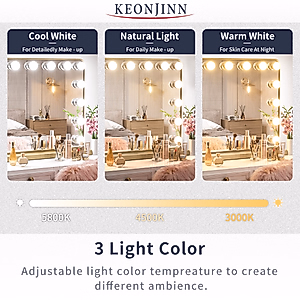 Keonjinn Gold Vanity Mirror with Lights, 15 Replaceable Bulbs Hollywood Makeup Mirror with 2 Replacement Bulbs, 3 Color Lights, Aluminum Metal Frame, USB Charging Port, 23" x 18" Large Lighted Mirror