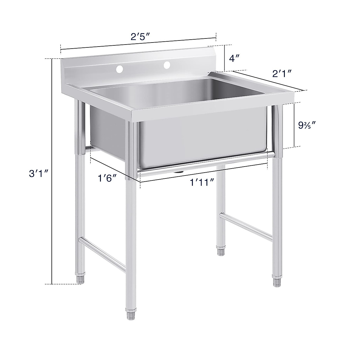 WILPREP Commercial Stainless Steel Sink, Free Standing Utility Single Bowl Restaurant Sink, Kitchen Prep & Utility Sink for Home, Garage, Bar, Laundry Room (1 Compartment，29" W x 25.2" D x 37.4" H)