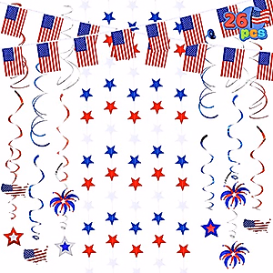 JOYIN 26 Pcs Patriotic Party Decorations of 2 American Flag Banners, 6 Star Streamers Garland and 18 Hanging Swirls for 4th of July Decor Party Supplies, Independence Day, Memorial Day Decoration