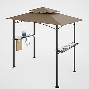 8x5 Ft Grill Gazebo, Double Tiered Outdoor BBQ Gazebo with 2 Side Shelves, 5 Hooks, Bottle Opener, Barbecue Grill Gazebo Shelter for Patio, Garden, Beach, Backyard and Picnic (Khaki)