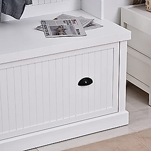 HOMCOM Hall Tree for Entryway, Coat Rack Shoe Bench with Bottom Storage, 4 Metal Double Hooks and 2 Shelves for Hallway, Living Room, White