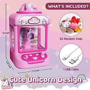 Claw Machine for Kids, Mini Vending Machine Girls Unicorn Toys, Candy Grabber Prize Dispenser with Sound & 20 Mini Plush Toys, Electronic Arcade Game Indoor Toy for Home Party Birthday Gifts