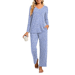 syoss Women's Fall Pajama Sets Long Sleeve Sleepwear Soft Comfy Pj Lounge Sets L, Spotted Blue