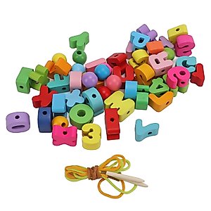 51Pcs Wooden Lacing Beads, Alphabet Letters Numbers Threading String Toys Preschool Fine Motor Skills Toy for Kids Boys Girls