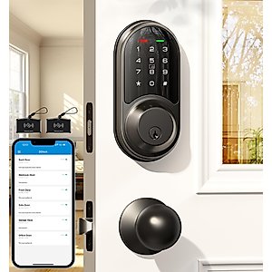 Veise Smart Locks for Front Door, 2 Knob Handle Set, Keyless Entry Deadbolt, App Control, Electronic Touchscreen Digital Keypad, Auto Lock, Easy Installation, IP54 Waterproof, Matte Black