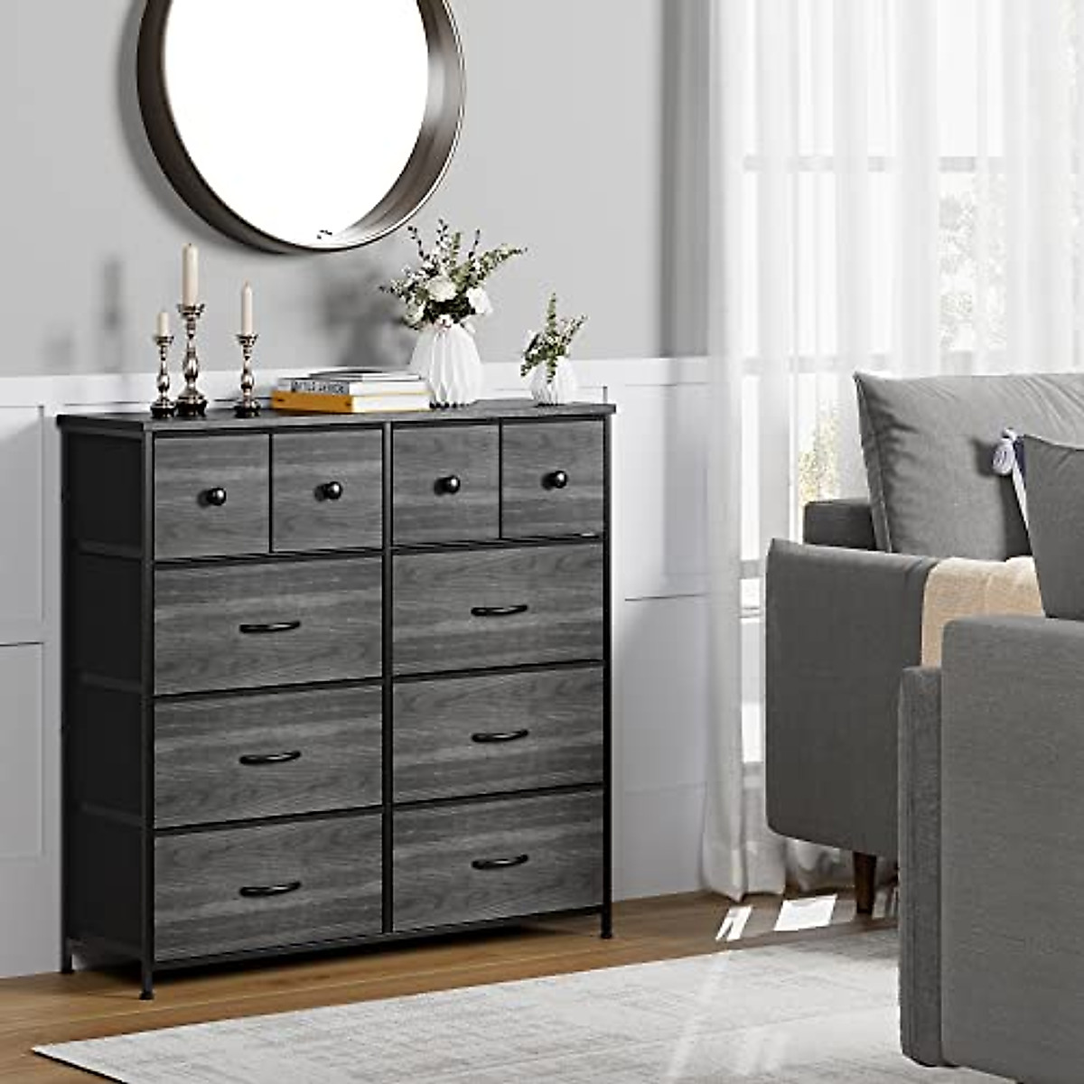 Nicehill Dresser for Bedroom with 10 Drawers, Storage Drawer Organizer, Tall Chest of Drawers for Closet, Clothes, Kids, Baby, Living Room, Wood Board, Fabric Drawers(Black Wood Grain)