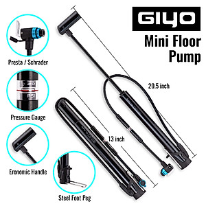 GIYO Bike Frame Floor Pump - Compact & Durable, Fast Tire Inflation for Road & MTB - Presta/Schrader, Max 140 psi - Small Pump with Gauge (GM631)