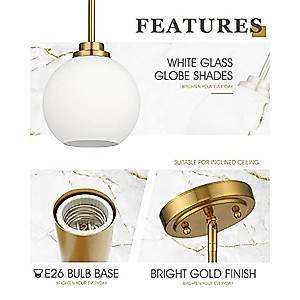 Audickic Farmhouse Gold Pendant Light Fixtures, Pendant Lights Kitchen Island with Milk Glass Globe Shade, Farmhouse Hanging Pendant Light for Dining Room Entryway, AD-22280-1P-GD-W