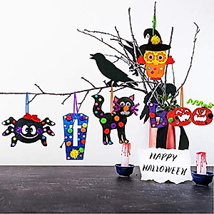 Winlyn 56 Sets Halloween Decorations DIY Hanging Wooden Halloween Ornaments Halloween Craft Kits Paintable Unfinished Wood Pumpkin Ghost Spider Googly Eyes for Kids Art Activity Trick or Treat Décor