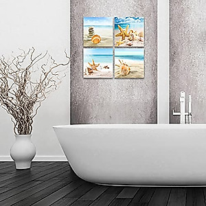 Cbaipy Ocean Wall Art, Bathroom Wall Art, Beach Wall Art Decor, Modern Canvas Wall Art Decorations for Bathroom Bedroom and Living Room (Starfish, 12" Wx12 Hx4pcs)