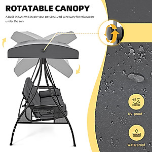 HOMREST 3 Person Outdoor Porch Swing with 1.5" Deep Cup Holder, Adjustable Canopy, Backrest, Patio Swing Bed with Weather Resistant Steel Frame, Cushions for Garden,Deck and Poolside(Grey)