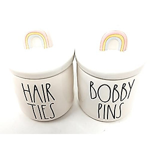 Rae Dunn by Magenta LL HAIR TIES and BOBBY PINS Jar Set with Rainbow Handles, 4" tall x 2.75" wide each, Ceramic Jars, Bathroom, Bedroom, Make Up, Holder, Storage, Canister, Organizer