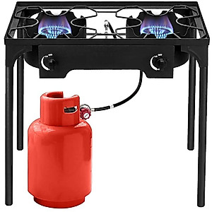 Bonnlo 2 Burner Outdoor Portable Propane Stove Gas Cooker, Heavy Duty Iron Cast Patio Burner with Detachable Stand Legs for Camp Cooking (2-Burner 150,000-BTU)
