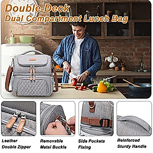 Artelaris Lunch Bag for Men Women, Large Double Deck Lunch Box Tote for Work, Dual Compartment Insulated Leakproof Lunchbox Cooler for Adult with Shoulder Strap & Side Pocket for Picnic Hiking Outdoor