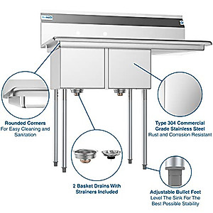 KoolMore - SB121610-16R3 2 Compartment Stainless Steel NSF Commercial Kitchen Prep & Utility Sink with Drainboard - Bowl Size 12" x 16" x 10", Silver