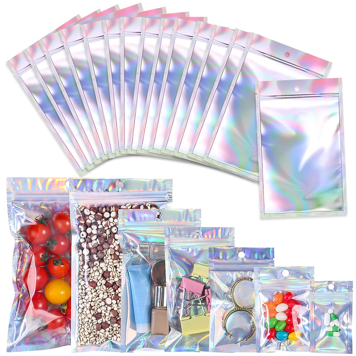 100 Pack Resealable Mylar Bags Smell Proof Pouch Aluminum Foil Packaging Plastic Ziplock Bag,Small Mylar Storage Bags For Candy,Jewelry,Screw,Holographic Rainbow Color (2.8 x 3.9 inch)