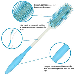 Kesywale Long Reach Handled Comb and Hair Brush Set for Elderly and Hand-Disabled People, Not Need to Lift Hand (Blue)