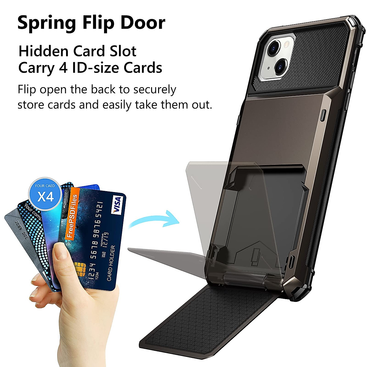Vofolen Case for iPhone 13 Case Wallet 4-Card Holder ID Slot Flip Door Hidden Pocket Anti-Scratch Dual Layer Hybrid TPU Bumper Armor Protective Hard Shell Back Cover for iPhone 13 6.1 Gun Metal