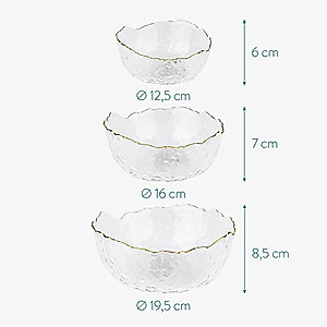 Navaris Glass Serving Bowls - Set of 3 Gold Edge Tempered Glass Dessert Bowl Dishes for Ice Cream, Jelly, Fruit, Hot, Cold Food- Small, Medium, Large