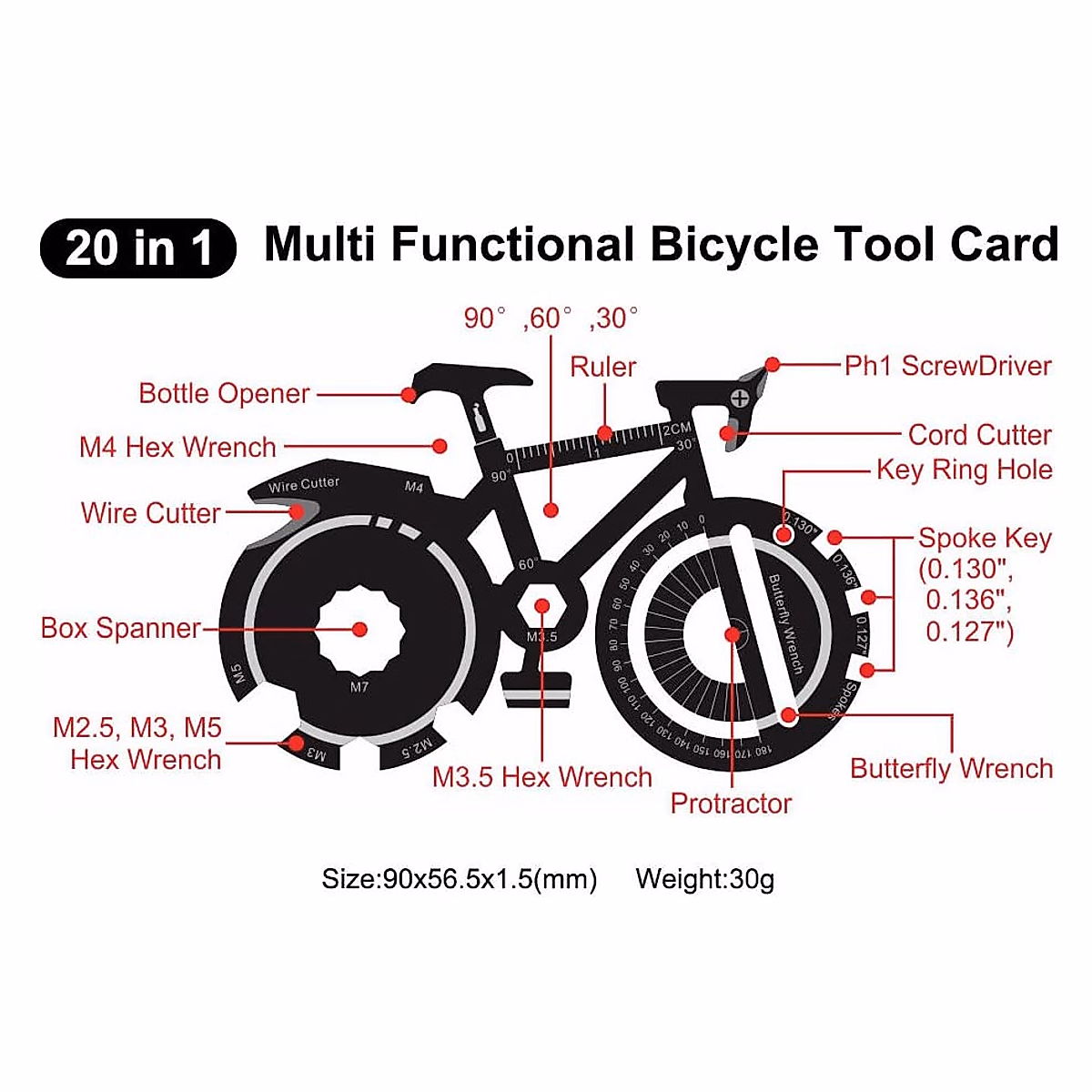 20 in 1 Bicycle Stainless Steel Flat Wallet Credit Card Multitool - EDC Survival Tools and Gadgets Box or Bottle Opener Keychain Accessories Utility Multi Purpose Pocket Tool - Gifts for Men Unique