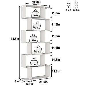 HOMEFORT Wooden Geometric Bookshelf,6-Tier S-Shaped Bookcase,6 Shelf Morden Bookshelves,Unique Freestanding Tall Book Shelf and Book Case for Bedroom and Living Room Home Office,White