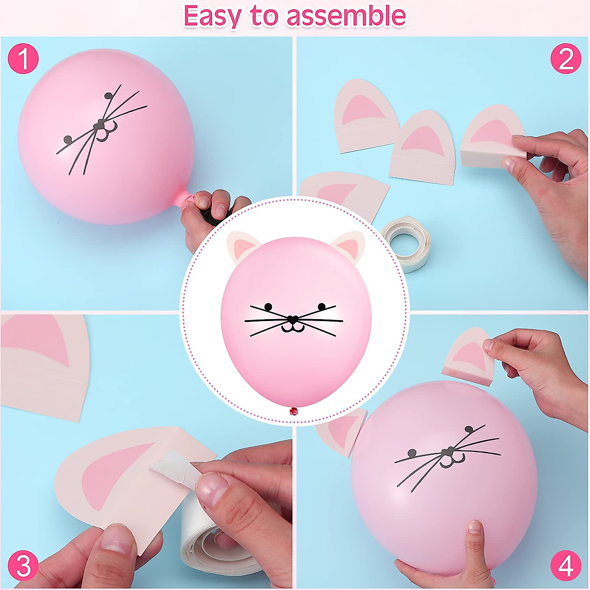 50 Pieces 12 Inch Kitty Party Latex Balloons DIY Cat Balloons Animal Cat Balloons for Birthday Party Cute Cat Balloons with Ears Cat Kids Party Balloons for Girls Cat Birthday Party Supplies, 5 Colors