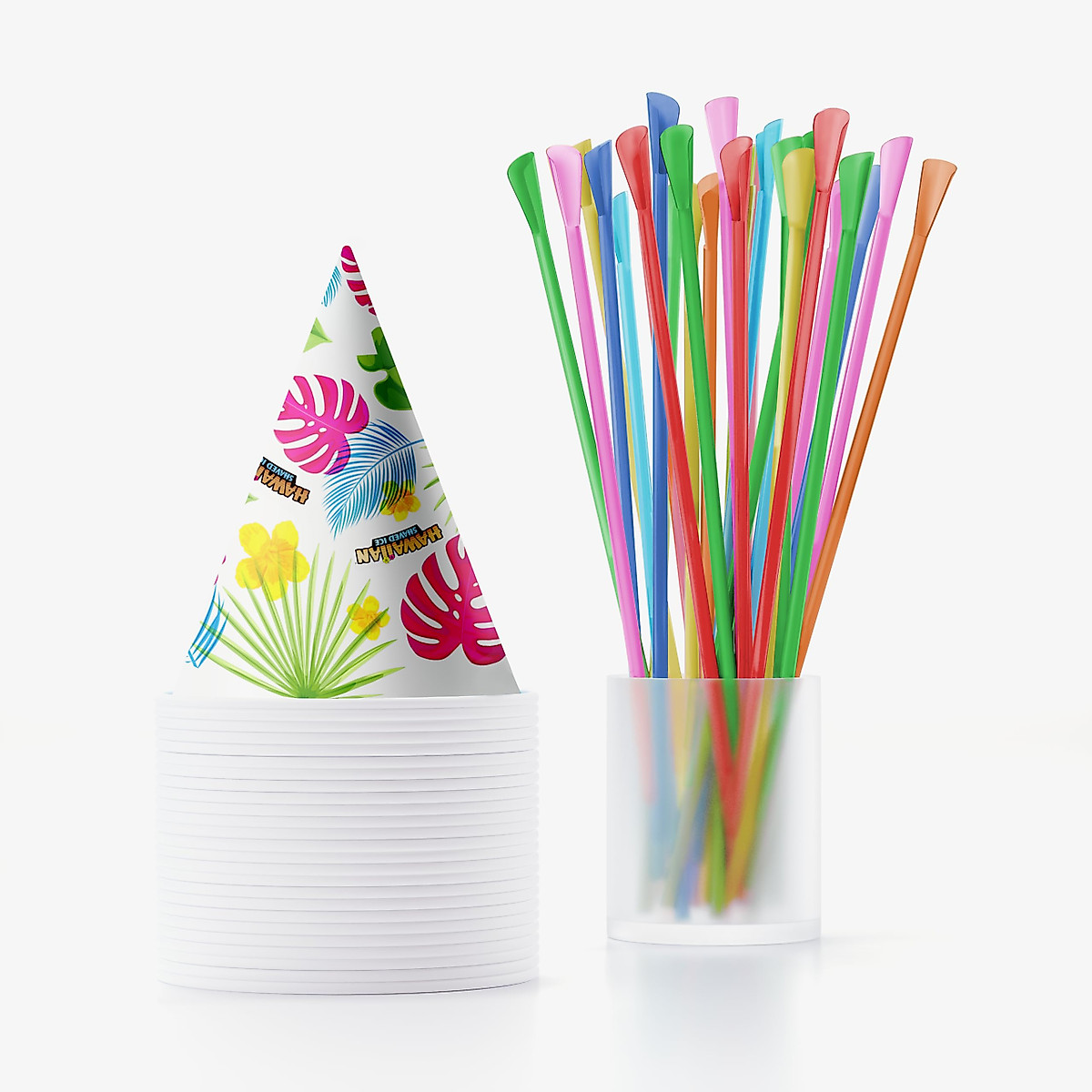 Hawaiian Shaved Ice Cups and Straws Set: 25 - 6oz. Durable Waxed Paper Snow Cone Cups plus 25 Plastic Spoon Straws, Multi-Colored