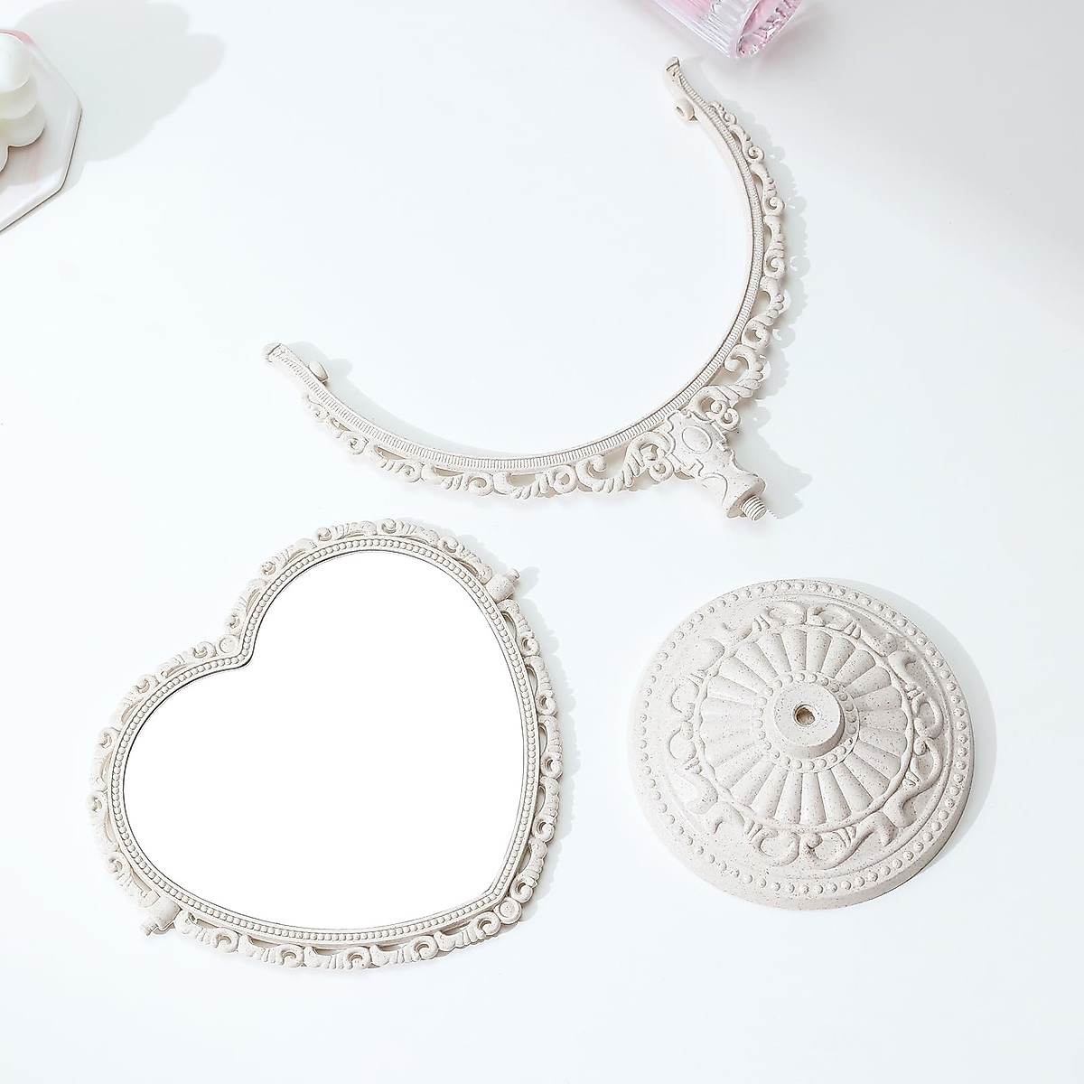 D&XQAUO Heart Shaped Mirror - Coquette Room Decor for Desk, Vanity & Bathroom - Cute Table Mirror with Stand (Beige)