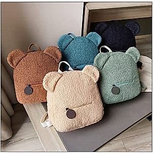 AONUOWE Mini Kawaii Bear Ear Backpack Teens Kids Faux Fur Schoolbag Teenager Student Aesthetic Furry Sherpa Fleece Daypack (Khaki)