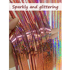 Vanujoy 2 Pack Iridescent Rose Gold Tinsel Foil Fringe Backdrop Curtains - Wall Door Party Decorations for Birthday Bachelorette Engagement Bridal Shower