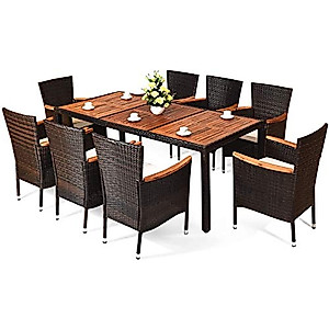 HAPPYGRILL 9 Pieces Patio Dining Set Outdoor Rattan Wicker Dining Set with Cushions, Garden Dining Table Chairs Set with Acacia Wood Table Top & Armrest