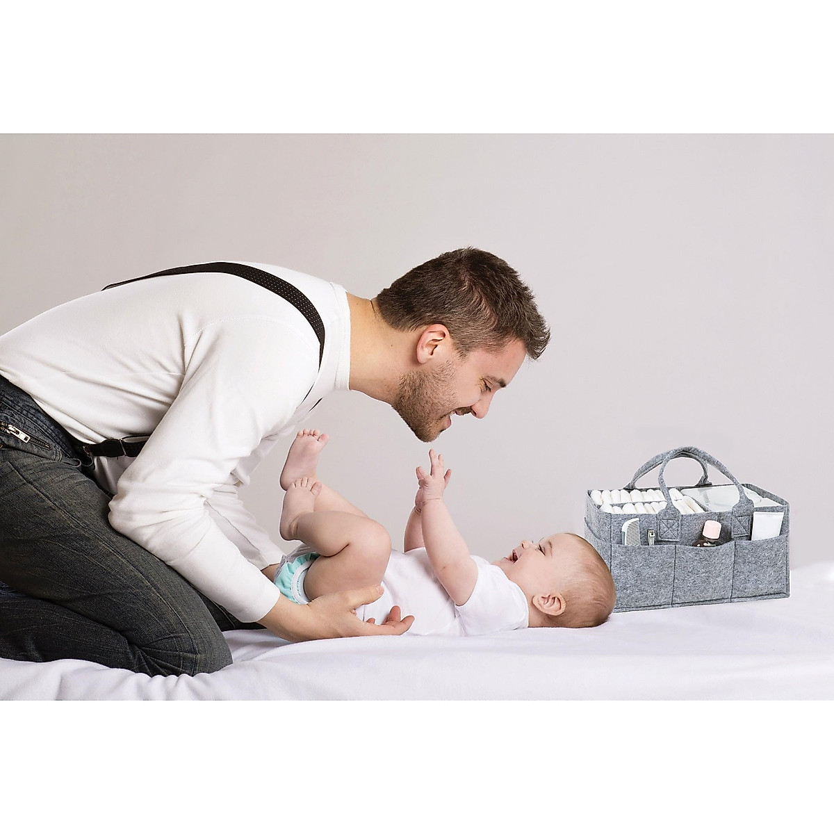 Sammy & Lou Collapsible Charcoal Gray Felt Storage Caddy, Divided Design To Keep Diapers, Wipes And Changing Items Organized, Two Handles, 11.5 in x 6 in x 8 in