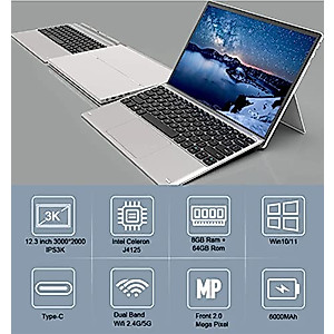 12.3 inch 2 in 1 Laptop Intel Celeron J4125 Quad Core 8G RAM Win 11 Laptops Touch Screen Tablet PC with Keyboard
