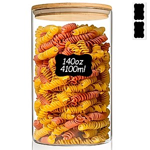 ComSaf Glass Jar with Airtight Lid (140 oz/4 liter/1.1 Gallon), Large Food Storage Container with Bamboo Lid, Glass Jars with Lids for Food
