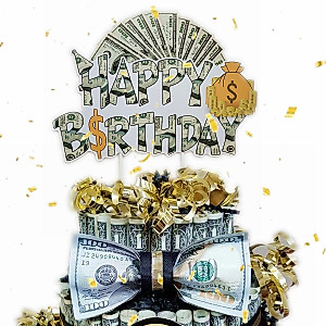 Money Themed Decoration KIT Bill Dollar Signs Birthday Banner Money Cake Topper Balloons Hanging Swirls Crown Set for Birthday Casino Wedding Showers Retirement Anniversary Graduations Party